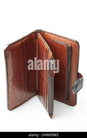 Opened leather wallet isolated on white background Stock Photo - Alamy