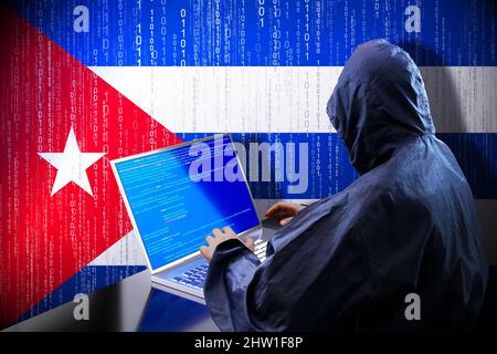 Anonymous hooded hacker, flag of Cuba, binary code - cyber attack ...