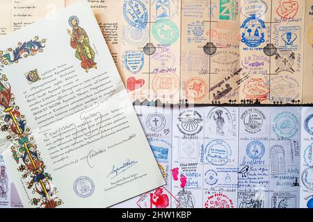 Santiago de Compostela Pilgrim's passport showing stamps collected ...