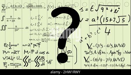 Image of question mark and mathematical equations over diverse students ...