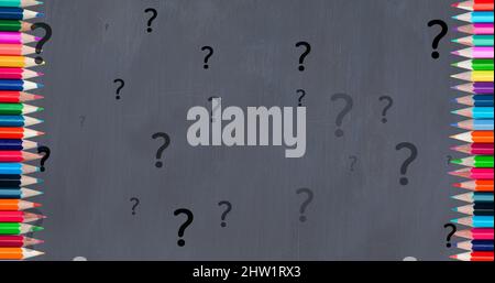 Image of question marks over crayons on grey background Stock Photo - Alamy