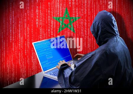 Anonymous hooded hacker, flag of Morocco, binary code - cyber attack ...