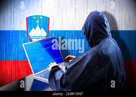 Anonymous hooded hacker, flag of Slovenia, binary code - cyber attack ...