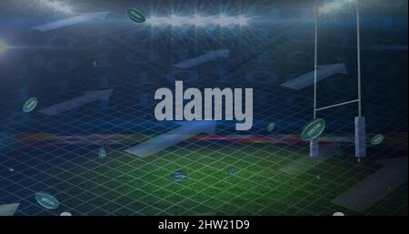 Image of arrows over rugby balls falling with ireland text at stadium ...