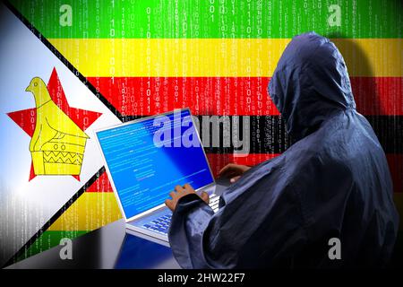 Anonymous hooded hacker, flag of Zimbabwe, binary code - cyber attack ...