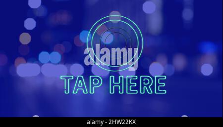 Image of tap here text over cityscape at night on blue background Stock ...