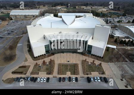 An aerial view of Simon Skjodt Assembly Hall and Cook Hall on the ...