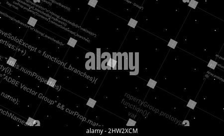 Dizzying program background. Motion. Grid with squares and appearing program codes. Colored ...
