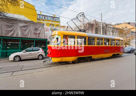 Public transport in Kiev (Kyiv), capital city of Ukraine: a typical red ...