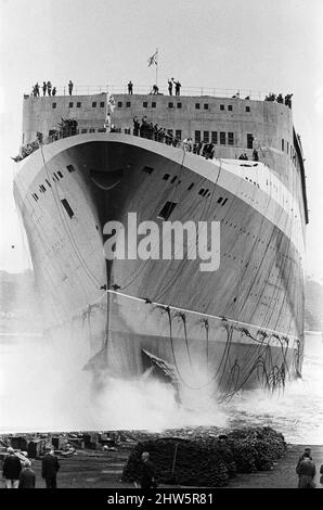 Queen Elizabeth II launching the Cunard Cruise Liner, The QE2 in the ...