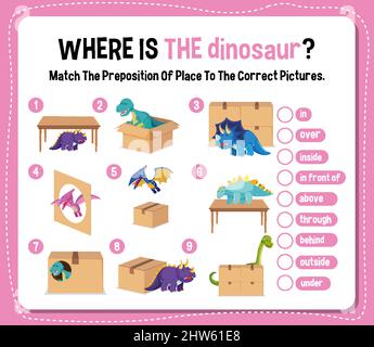 Preposition of place with cartoon dinosaur and boxes illustration Stock ...