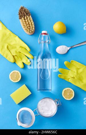 Glove with eco friendly brush and lemons on beige background Stock ...