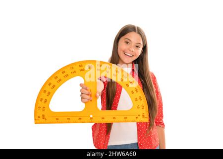 happy kid hold protractor study trigonometry at school isolated on ...