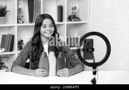 blogging light lamp. hair conditioner. happy girl use selfie led. kid ...