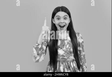 Aha. Happy kid got idea blue background. Eureka moment. Girl genius ...