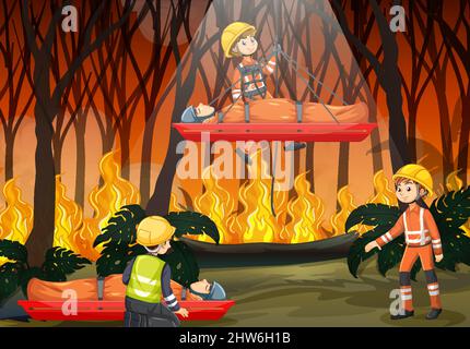 Wildfire scene with firerman rescue in cartoon style illustration Stock ...