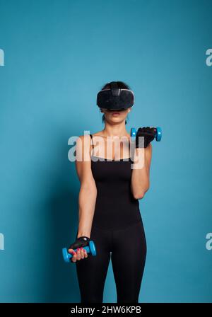 Vr, fitness and woman stretching arm in metaverse studio isolated on ...