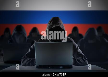 Many hackers in russian troll farm. Security and privacy concept Stock ...