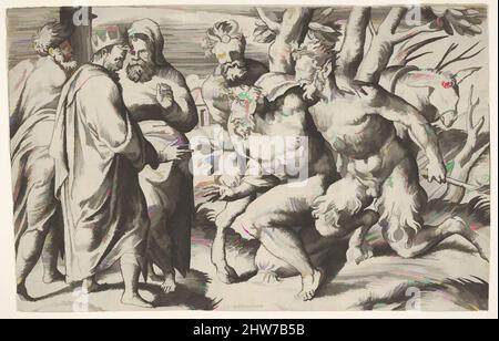 Two satyrs leading Silenus to King Midas, who stands at left with two ...