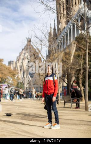 Cute little children tourists admiring Barcelona city, family travel ...