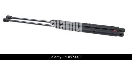 A pair of black metal hood shock absorbers with chrome elements ...
