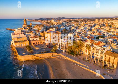 Aerial view of Sitges old centre and seaside, Sitges, Costa Dorada ...