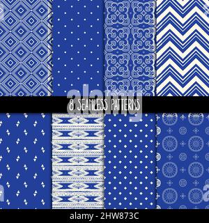 set of eight different ornamental blue patterns. Ethnic floral and ...