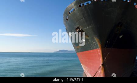 Aerial view of the ship washed ashore. Shot. Top view of an abandoned ...