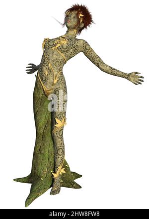 Fantasy dryad woman with tree trunk leg in autumn forest, 3d ...