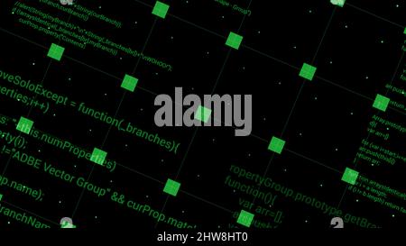 Rotating background with grid and program code. Motion. Grid with squares and written program ...
