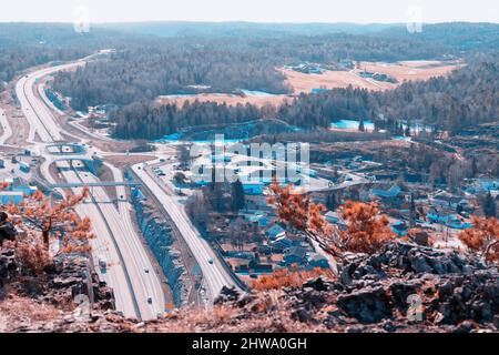 European Route E18 highway between Oslo and Kristiansand. Car passing ...