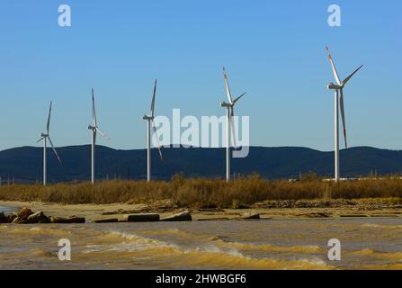 Piombino, Tuscany, Italy. Wind turbines for renewable sources of ...