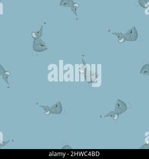 Cute elephant with butterfly seamless pattern. Funny childish tracery ...