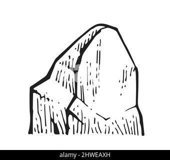Big rock. Piece of cliff. In style of contour engraving. Outline sketch ...