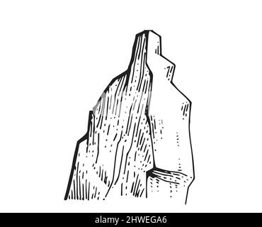 Big rock. Piece of cliff. In style of contour engraving. Outline sketch ...