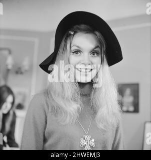 Model and horror film actress Madeline Smith poses wearing hot pants ...