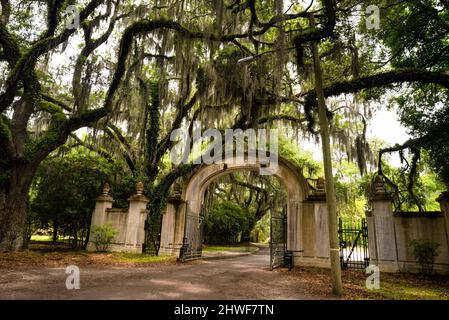 Gothic Revival style gate at Wormsloe Historic Site in Savannah ...