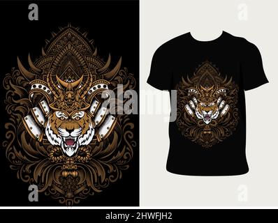 Illustration Tiger Samurai Head With Engraving Ornament Stock Vector