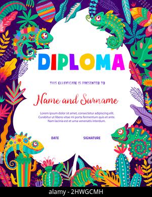 Kids diploma cartoon chameleon lizards in jungle. Education vector ...