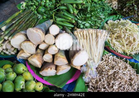 Colorful local Thai vegetable bucket sale in market, Thailand raw food ...