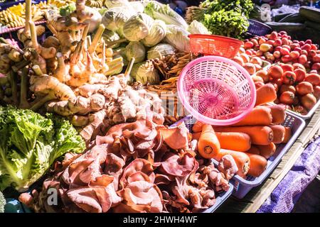 Colorful local Thai vegetable bucket sale in market, Thailand raw food ...