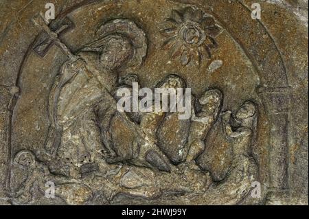 Stone carving of the tympanum over the portal of Palma Cathedral Stock ...