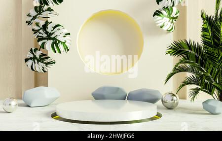 Product podium with monstera leaves. A stand for the presentation of ...