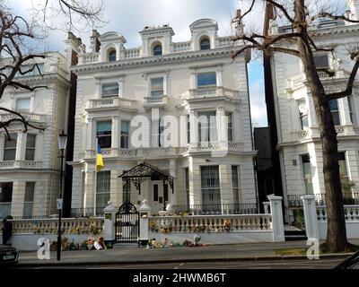 View of the Ukraine Embassy in Holland Park London with many flowers ...