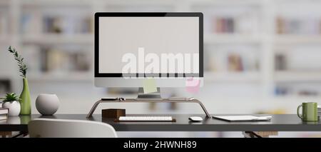 3d Computer monitor, wireless mouse, keyboard float on blue background ...