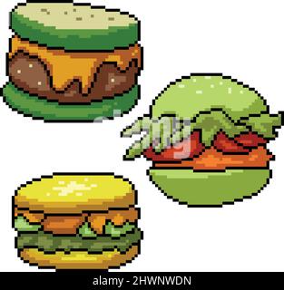 Pixel burger icon set isolated on white background. 8-bit cheeseburger ...