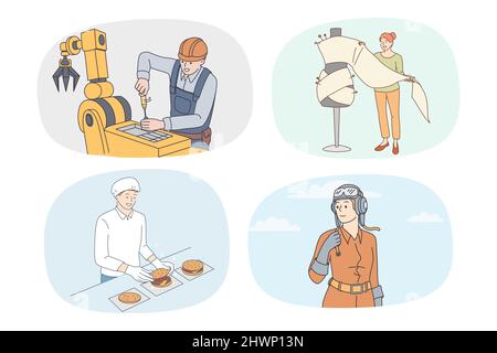 Set of men and women with diverse jobs and occupations. Collection of ...