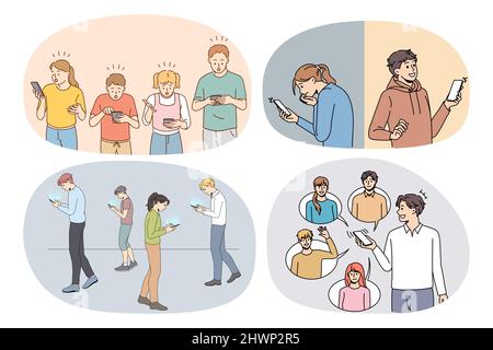 Collection of people overuse modern cellphone in daily life. Set of ...