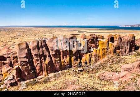 Reddish rock formations in Aramu Muru near Puno in Peru Stock Photo - Alamy