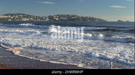 Foaming waves on Preston beach at Paignton, South Devon, looking ...